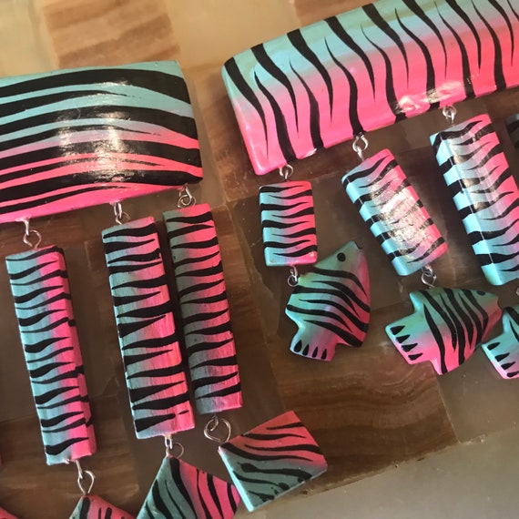1980s Aqua Blue Pink Zebra Animal Print Fun Wooden Ha… - Gem