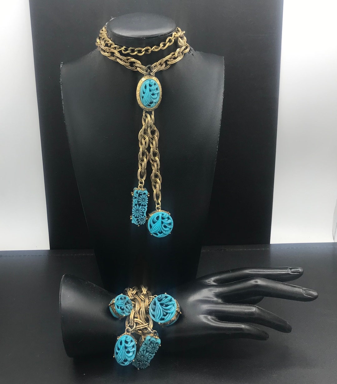 Beautiful SELRO Jewelry Set, Aqua Blue Floral Beaded Jewelry, Necklace ...