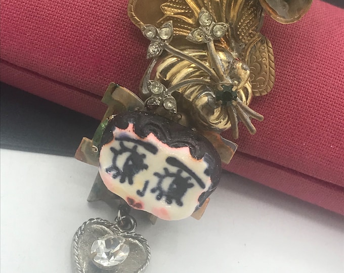 Cute Painted Lady Face Rhinestone Brooch, Collectible Unsigned Sally ...