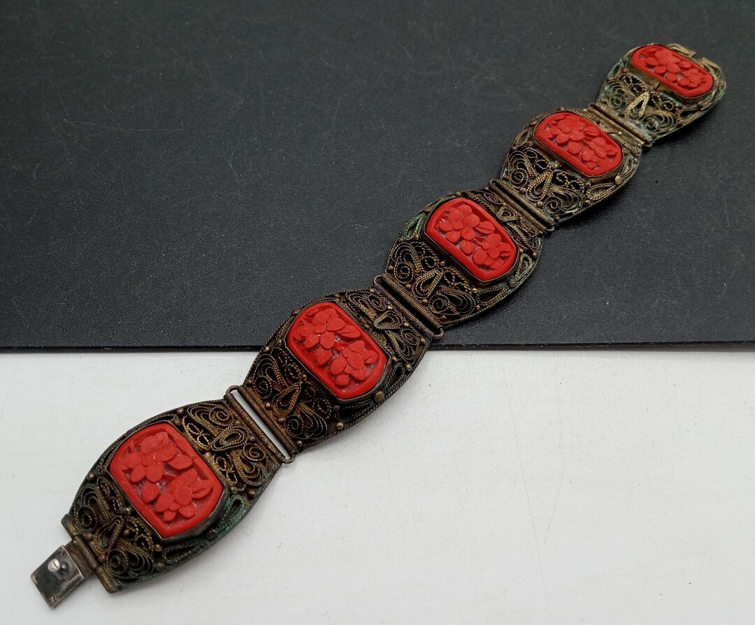 Vintage Cinnabar Bracelet, 1930's 940's Antique Chinese Export Jewelry ...