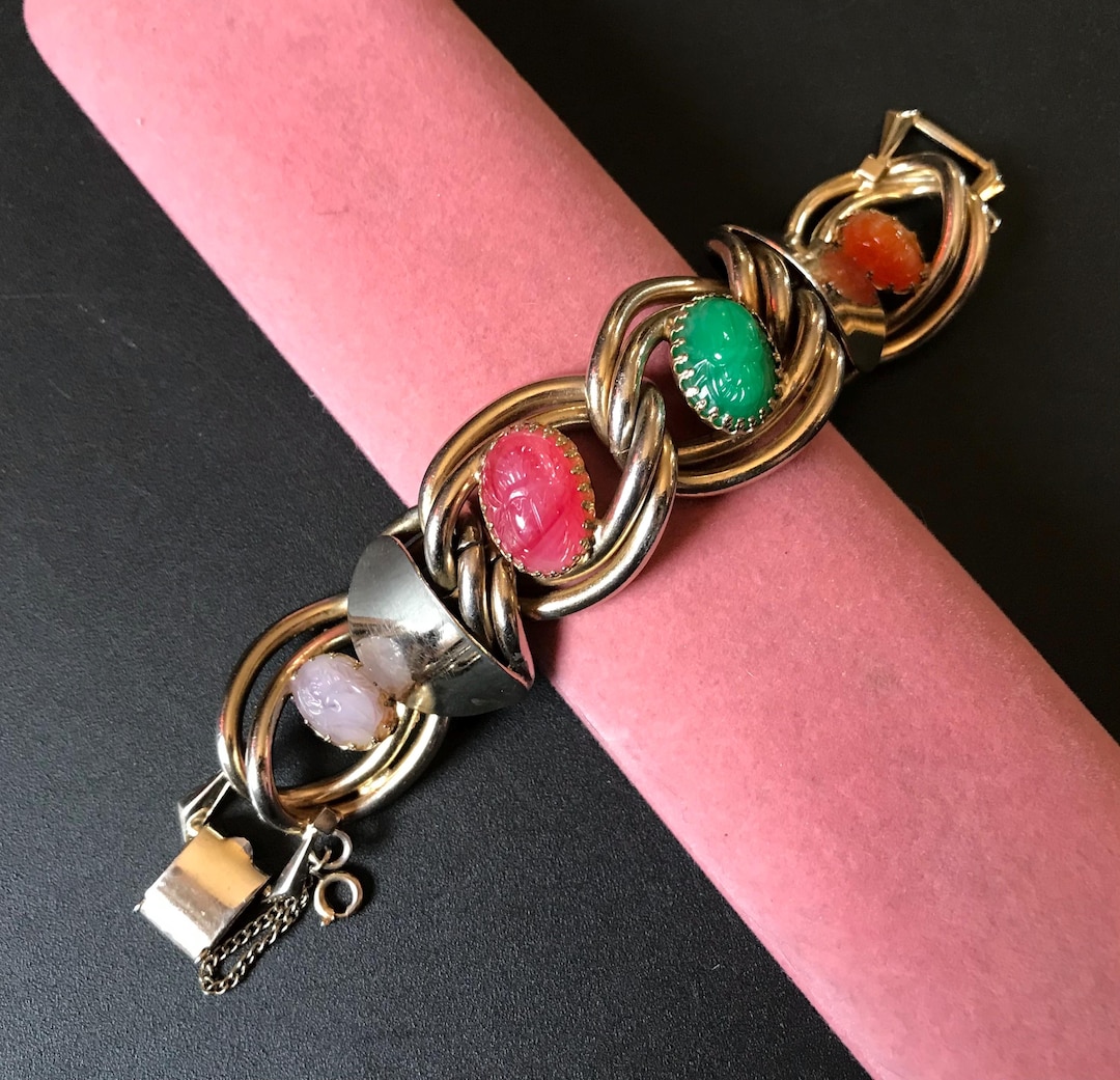 Kafin New York Vintage Designer Signed Scarab Chunky Gold Tone Bracelet ...