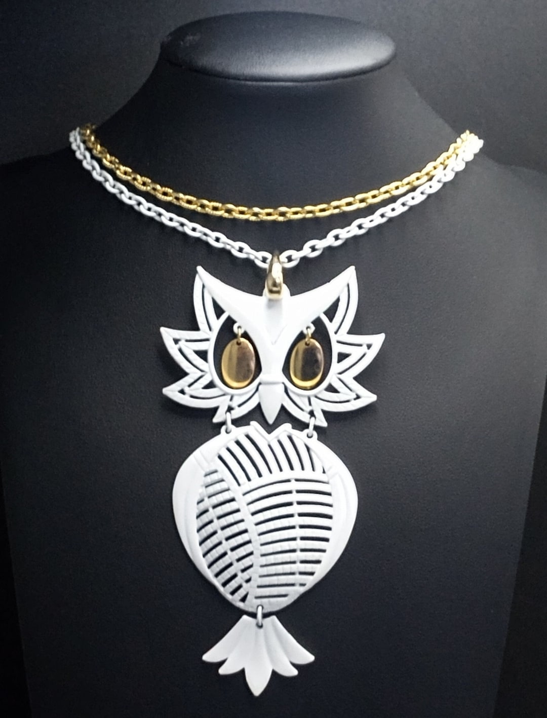 Alan Vintage Designer Signed Large White Owl Pendant Necklace 1960's ...