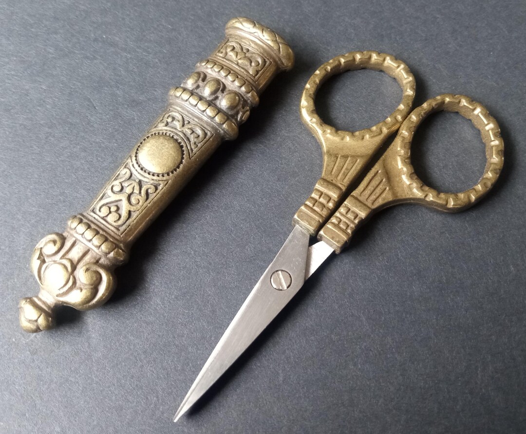 Antique Collectible Small Sewing Scissors With Sheath, Bronze Gold ...