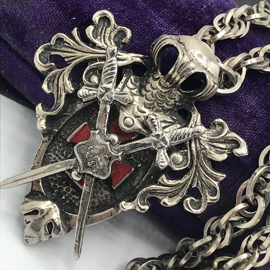 Vintage Lion Sword Knight Pendant, Coat of Arms Jewelry, Crest Shield ...