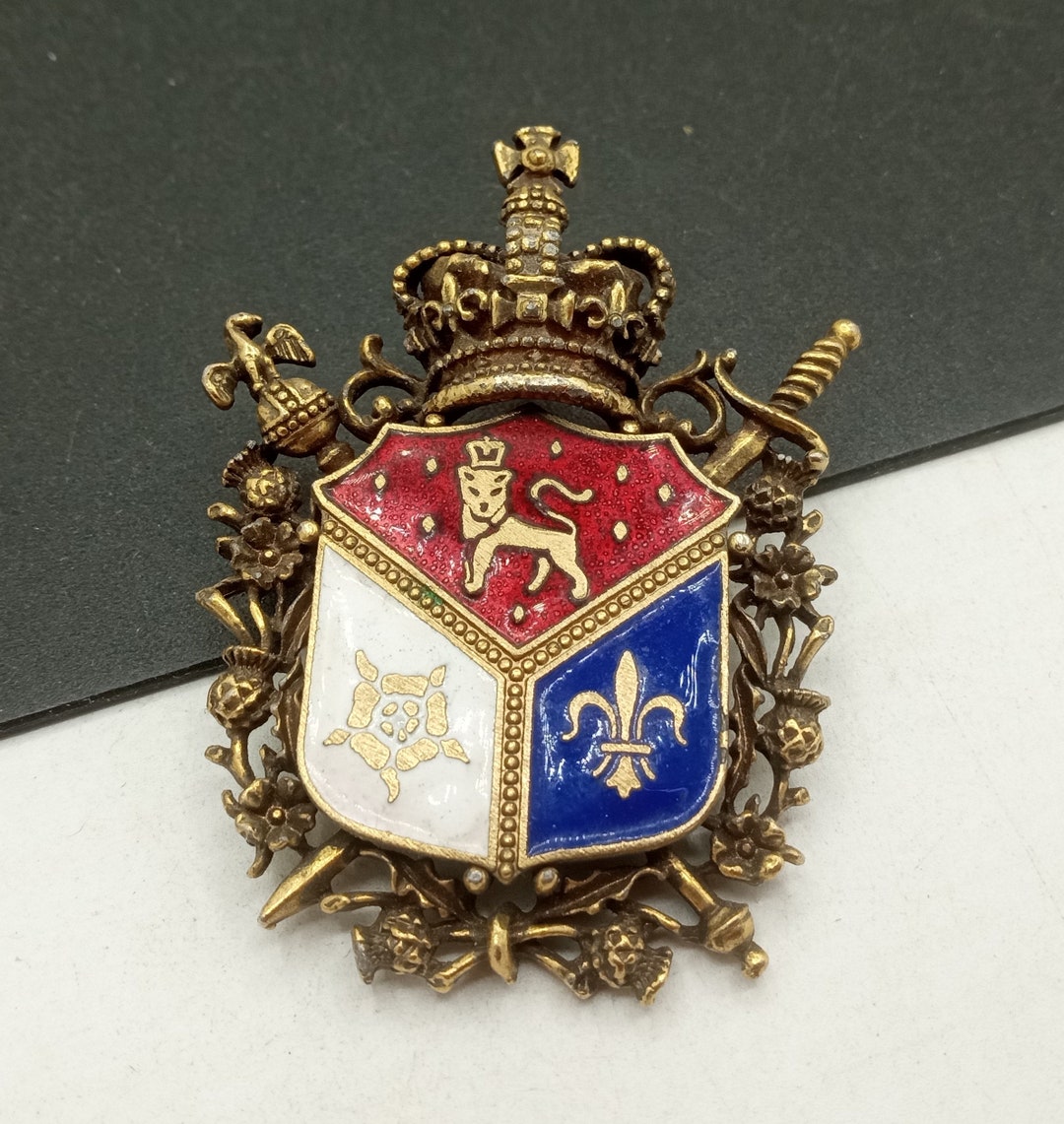 Vintage Lion Shield Sword Crown Crest Brooch Pin 1950's 1960's Jewelry ...