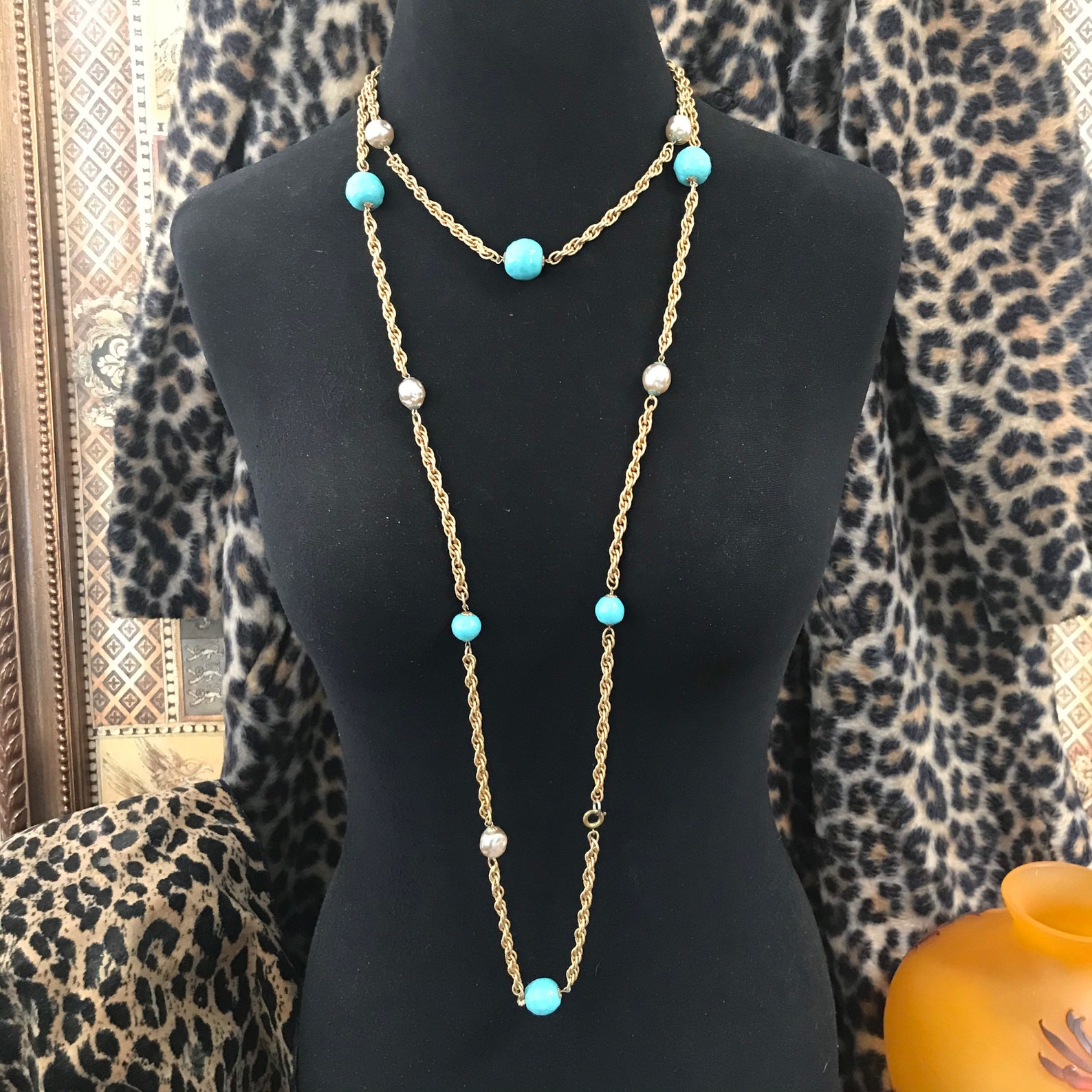 60 Inch Long Gold Tone Metal Chunky Chain Aqua Beaded 1960s | Etsy