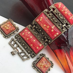 Vintage Red Glitter Lucite Bracelet Earring Jewelry Set, Mid-century ...
