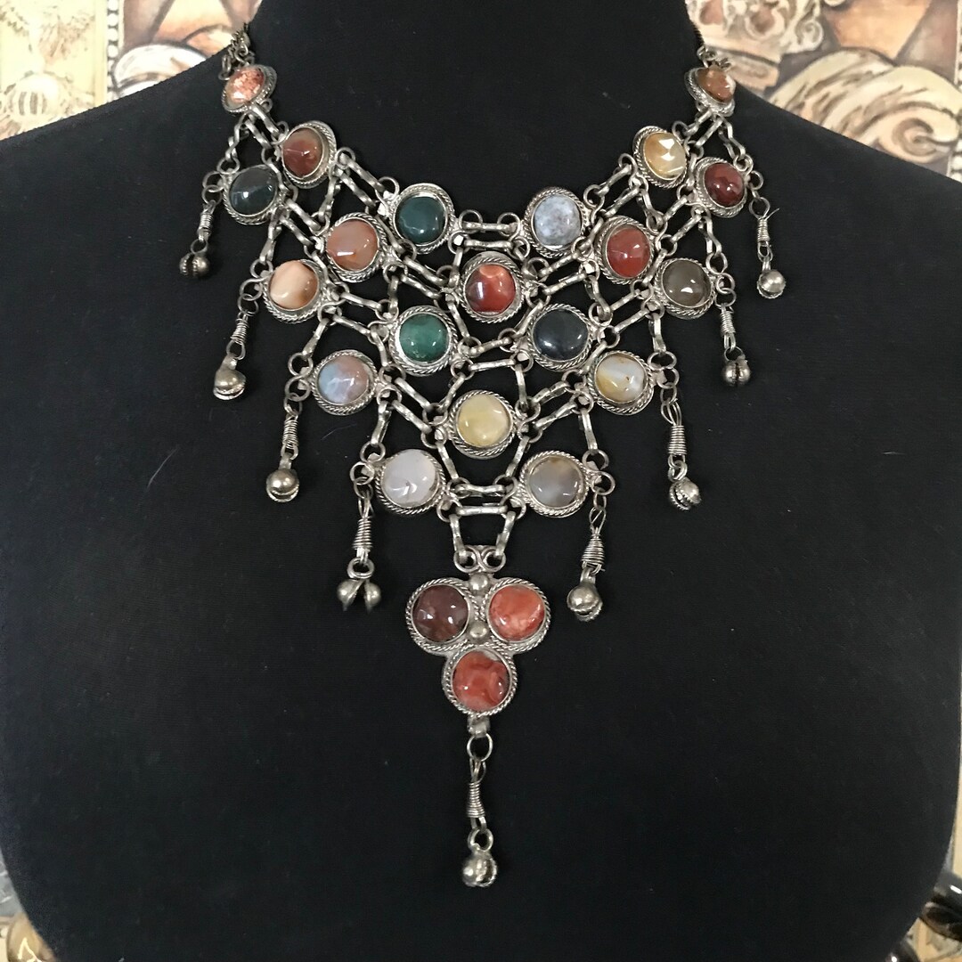 Stone Bib Necklace Huge Ethnic Style Jewelry Rare Vintage Statement ...