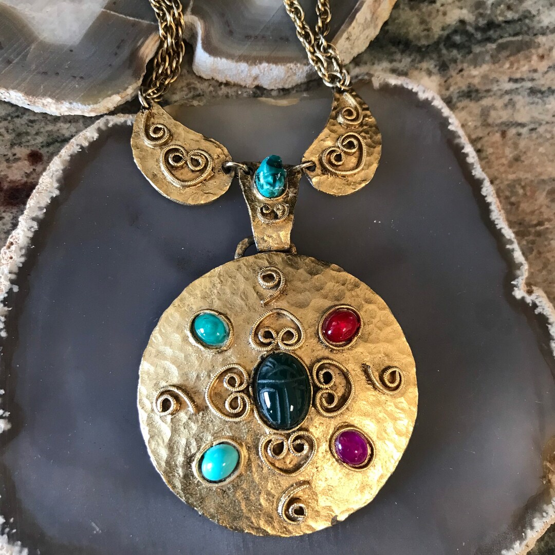 Designer Signed Julio Marsella Etruscan Long Chain Necklace & Large ...