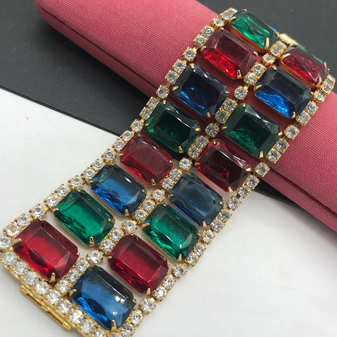 Blue Green Red Rhinestone Bracelet, New Old Stock Glass Chunky Bracelet ...