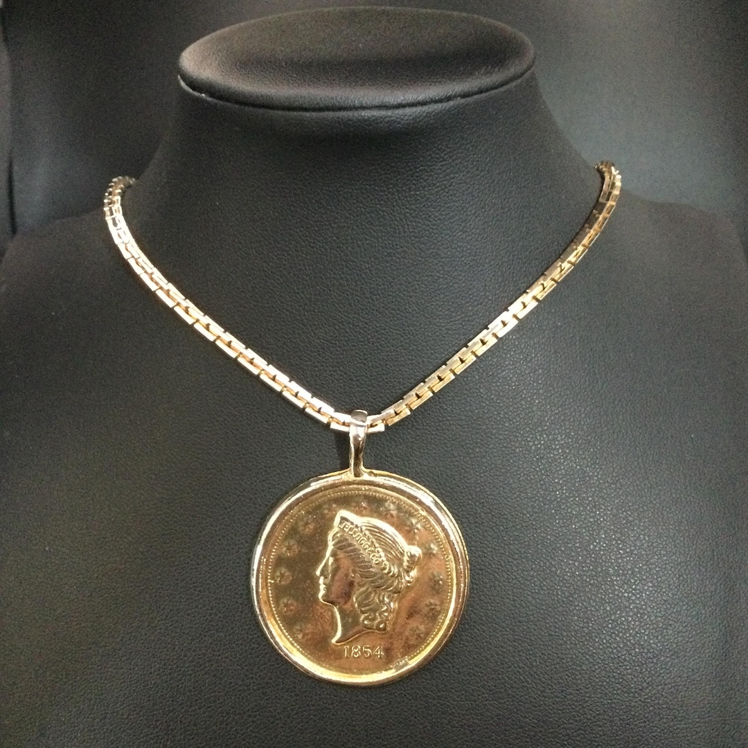 Vintage Gold Tone Chain Faux Coin Pendant Necklace, 1970's 1980's ...