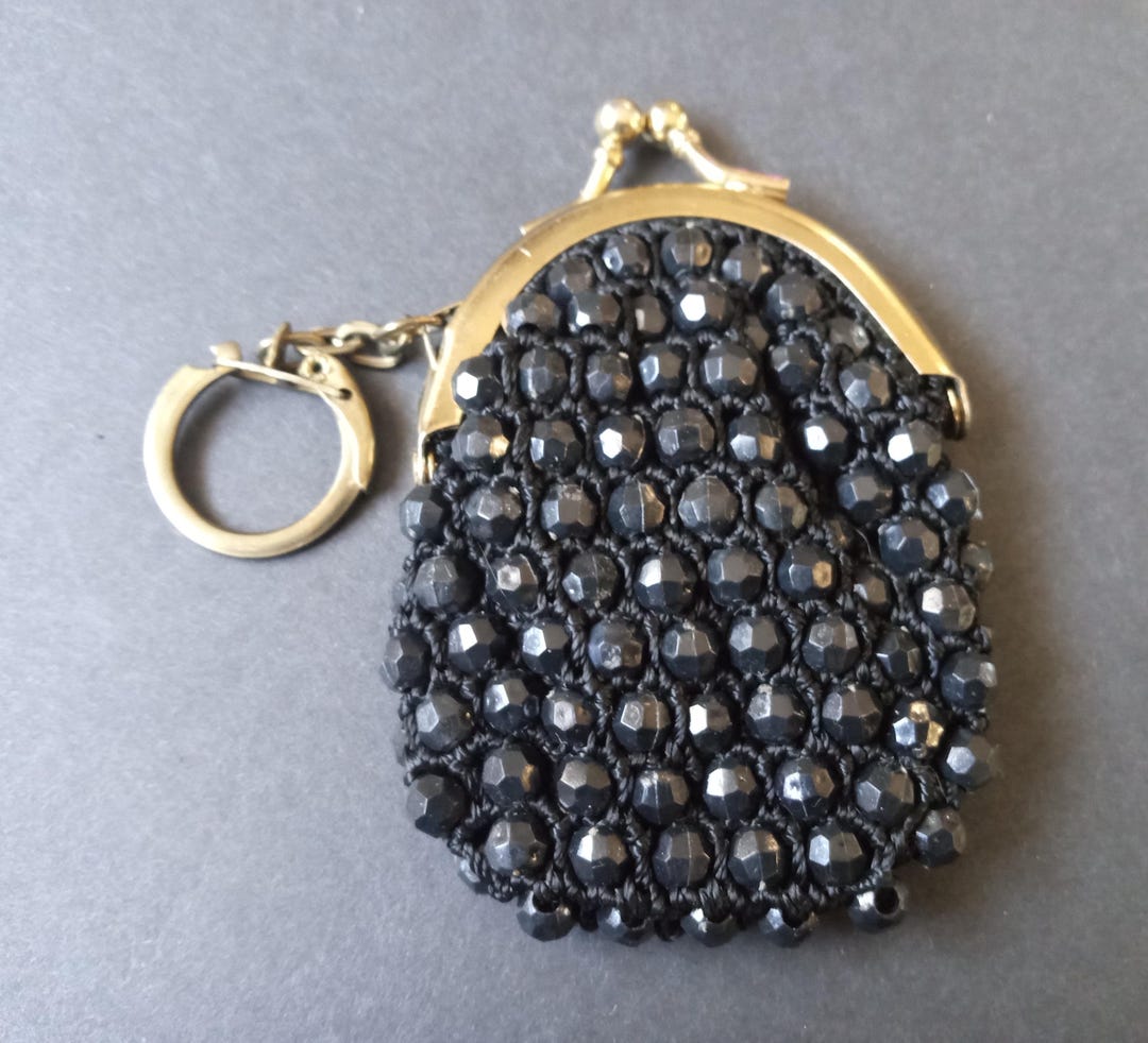 Vintage Black Plastic Beaded Key Chain Coin Purse 1960's Made in Hong ...