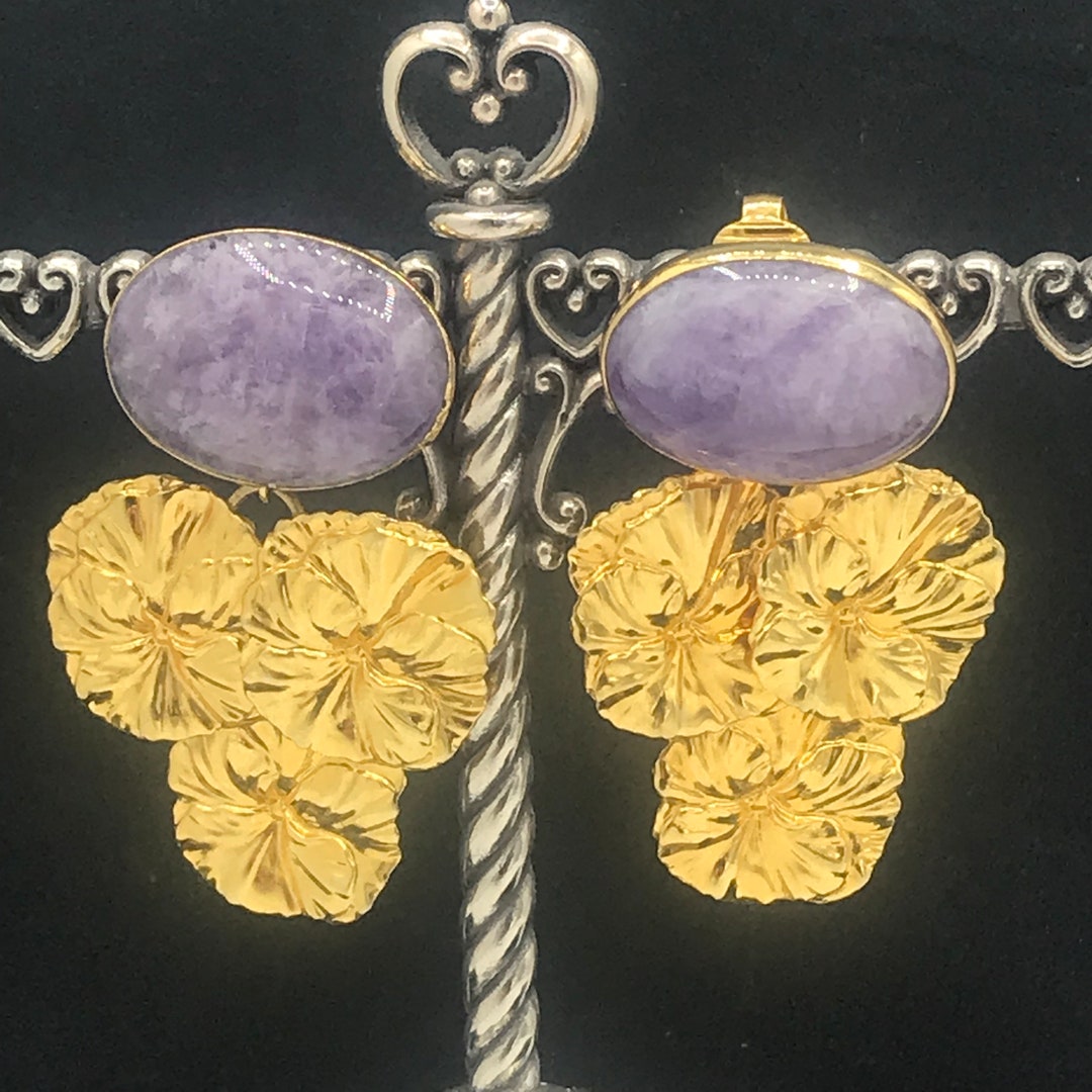 Tulla Booth Designer Signed Earrings, Real Purple Amethyst Stone Clip ...