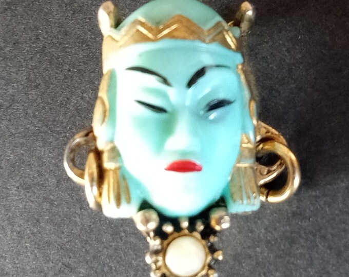 Vintage Aqua Cabochon Selro Style Asian Face Brooch Pin 1950's 1960's ...