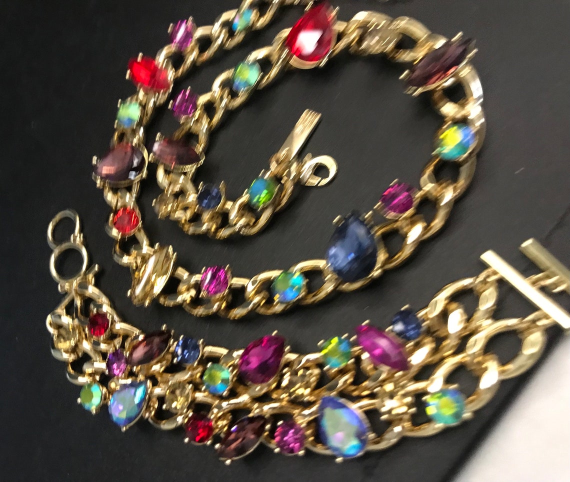 Vintage Necklace Bracelet Jewelry Set, 1990s Rhinestone Jewelry ...