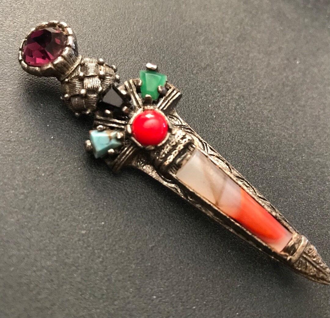 Rhinestone & Stone Sword Brooch, Vintage 1950s 1960s High End Pin ...