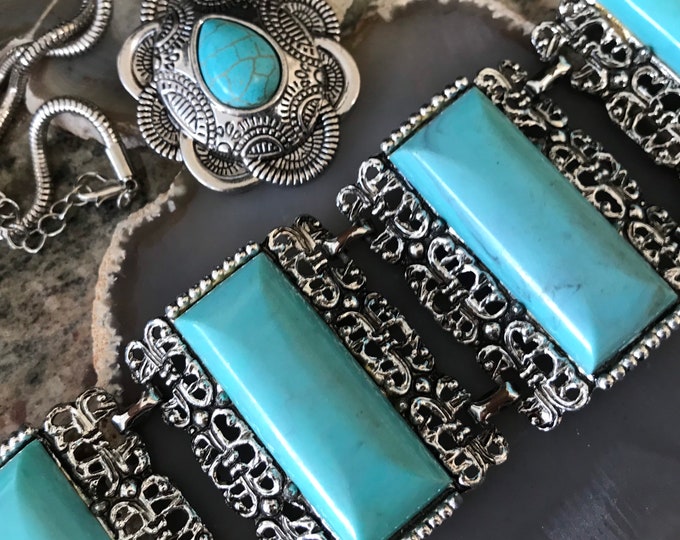 Vintage Turquoise Bracelet Necklace Set Wide Chunky Aqua Blue Green ...