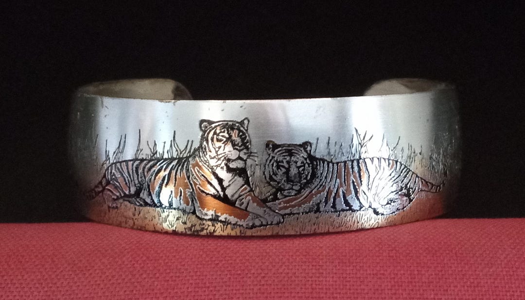 Reed & Barton Signed Damascene Vintage Tiger Cuff Bracelet 1970's 1980 ...