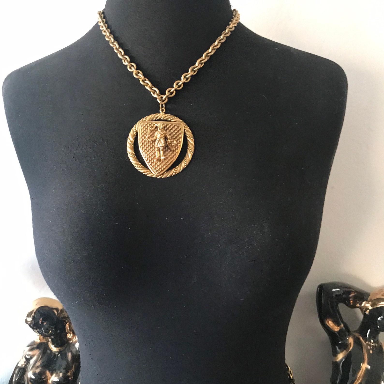 Vintage Heraldic Shield Coat of Arms Style Gold Tone Metal Pendant ...