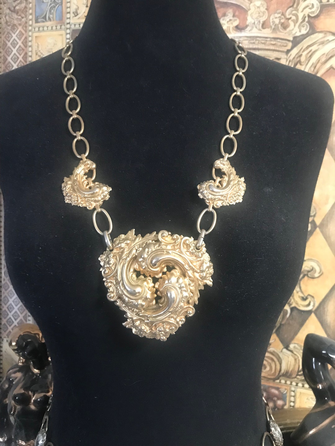 Vintage Gold Tone Ornate Metal Statement Pendant Necklace, Retro ...