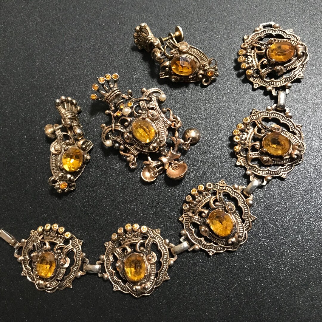 Heraldic Shield Jewelry Set, Vintage Crown Bracelet Brooch Earring Set ...