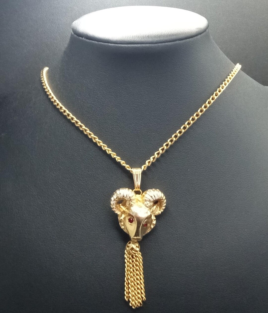 Vintage Red Rhinestone Eyes Ram Goat Tassel Pendant Necklace, 1980's ...