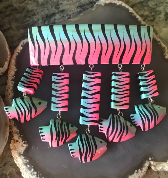 1980s Aqua Blue Pink Zebra Animal Print Fun Wooden Ha… - Gem