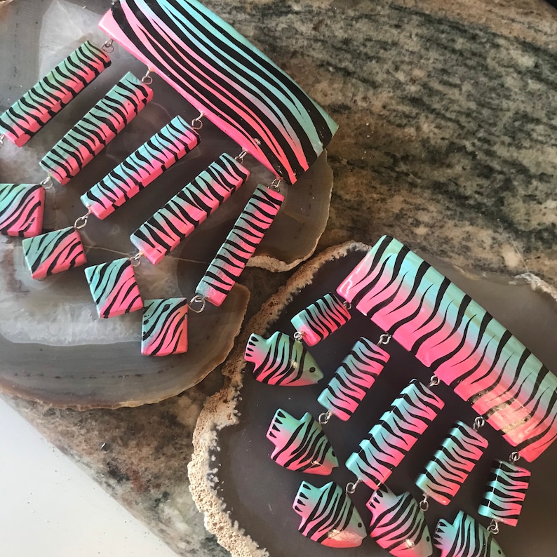 1980s Aqua Blue Pink Zebra Animal Print Fun Wooden Hair - Etsy