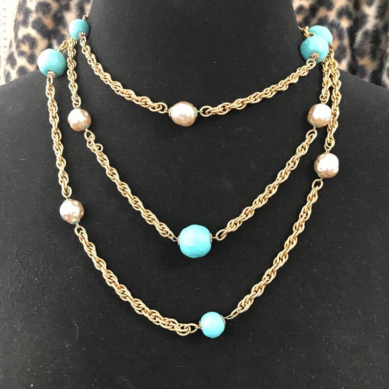 60 Inch Long Gold Tone Metal Chunky Chain Aqua Beaded 1960s | Etsy