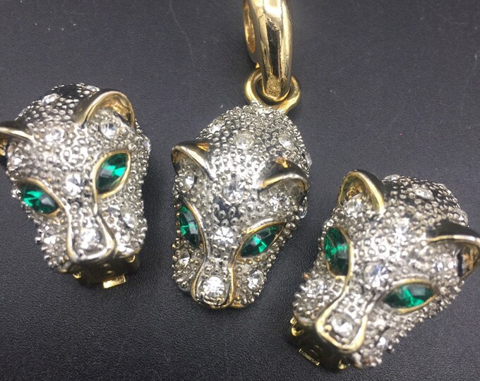 Vintage Panther Rhinestone Jewelry Set, Necklace Pendant Clip on ...