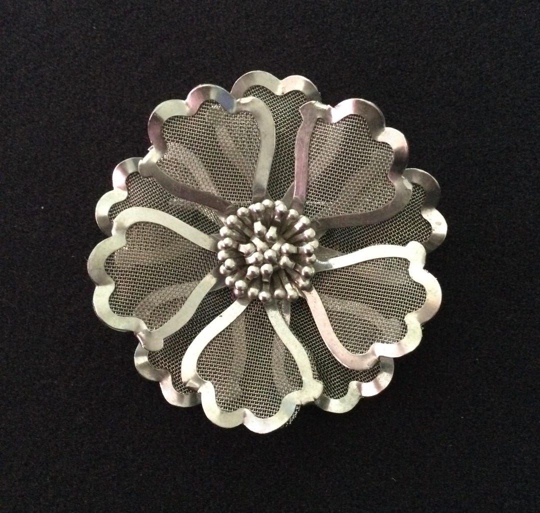 B.E.D. Vintage Signed Silver Tone Metal Mesh Flower Brooch Pin, 1950's ...
