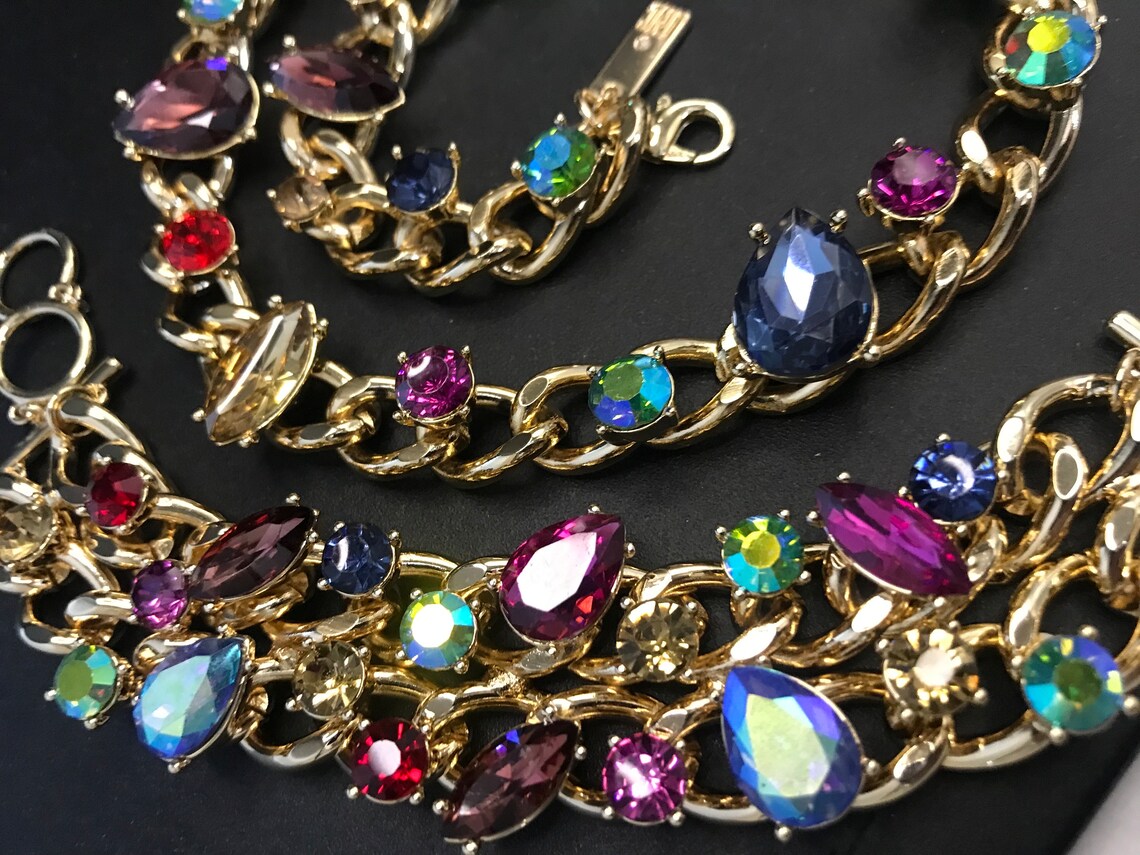 Vintage Necklace Bracelet Jewelry Set, 1990s Rhinestone Jewelry ...