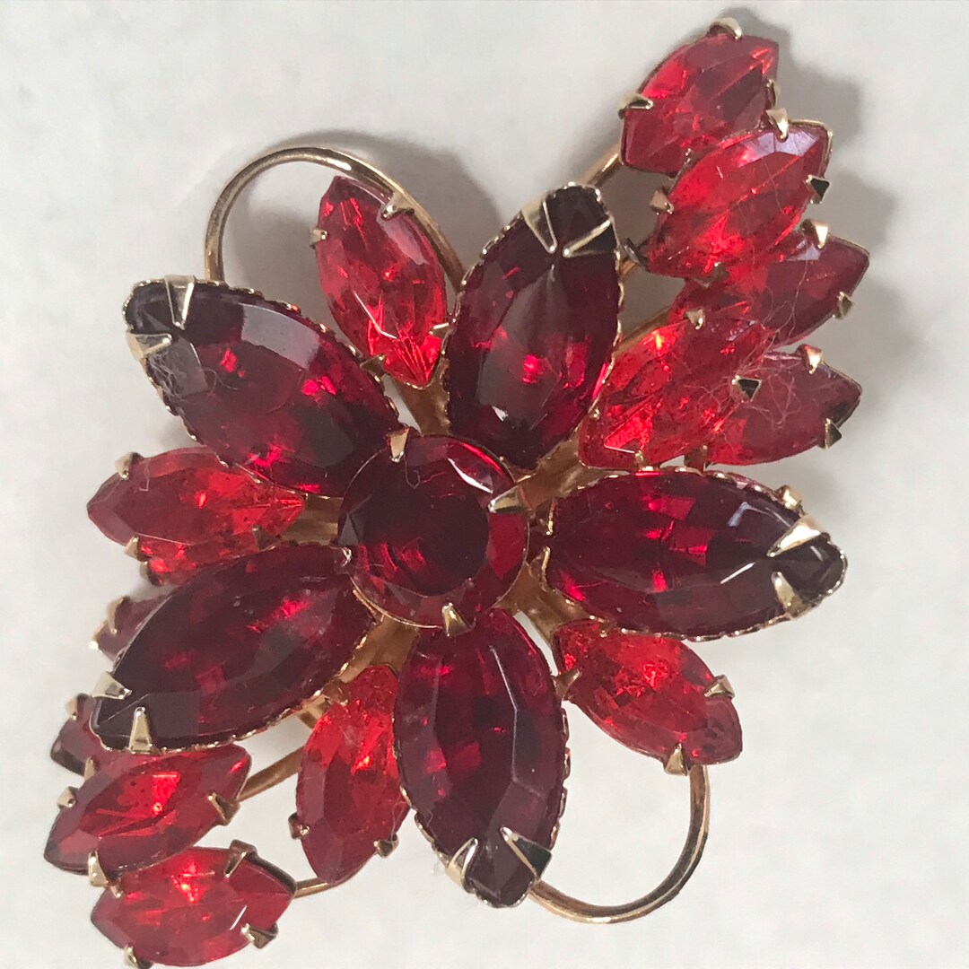 Juliana Style Red Rhinestone Floral Large Brooch, 1950s 1960s ...