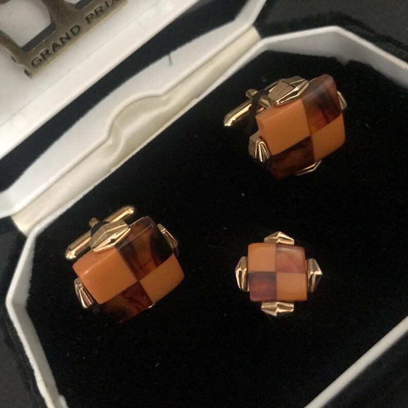 Grand Prix Vintage Black Velvet Box & Tortoise Shell Cuff Link Tie Tac ...