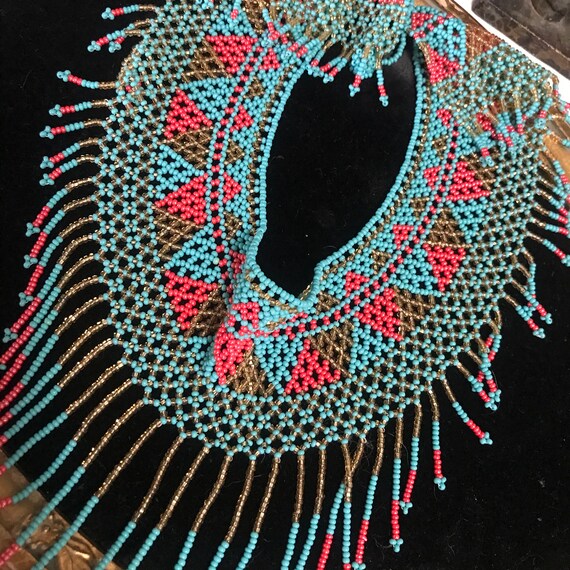 Native American hand beaded aqua maroon gold beaded n… - Gem