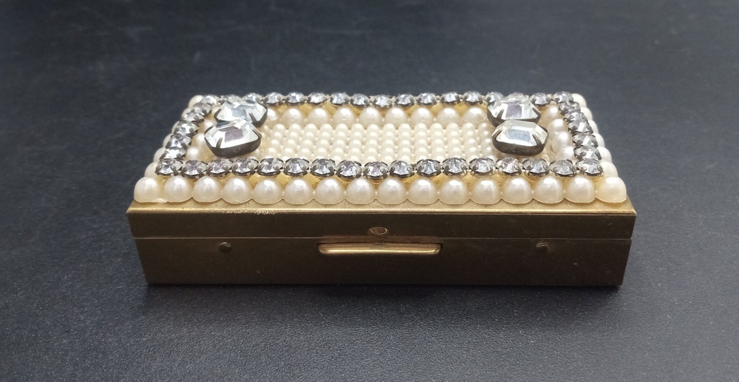 Vintage Brass Faux Pearl & Rhinestone Trinket Box 1950's 1960's ...
