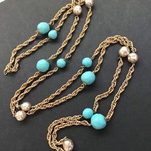 60 Inch Long Gold Tone Metal Chunky Chain Aqua Beaded 1960s Flapper ...