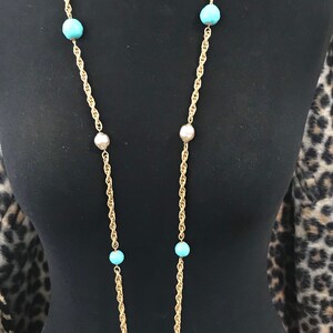 60 Inch Long Gold Tone Metal Chunky Chain Aqua Beaded 1960s Flapper ...