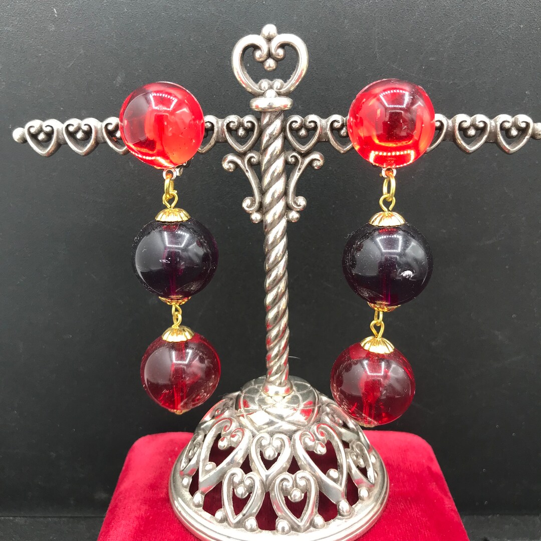 Vintage Red Lucite Balls Clip on Earrings, New Old Stock 1970's 1980's ...