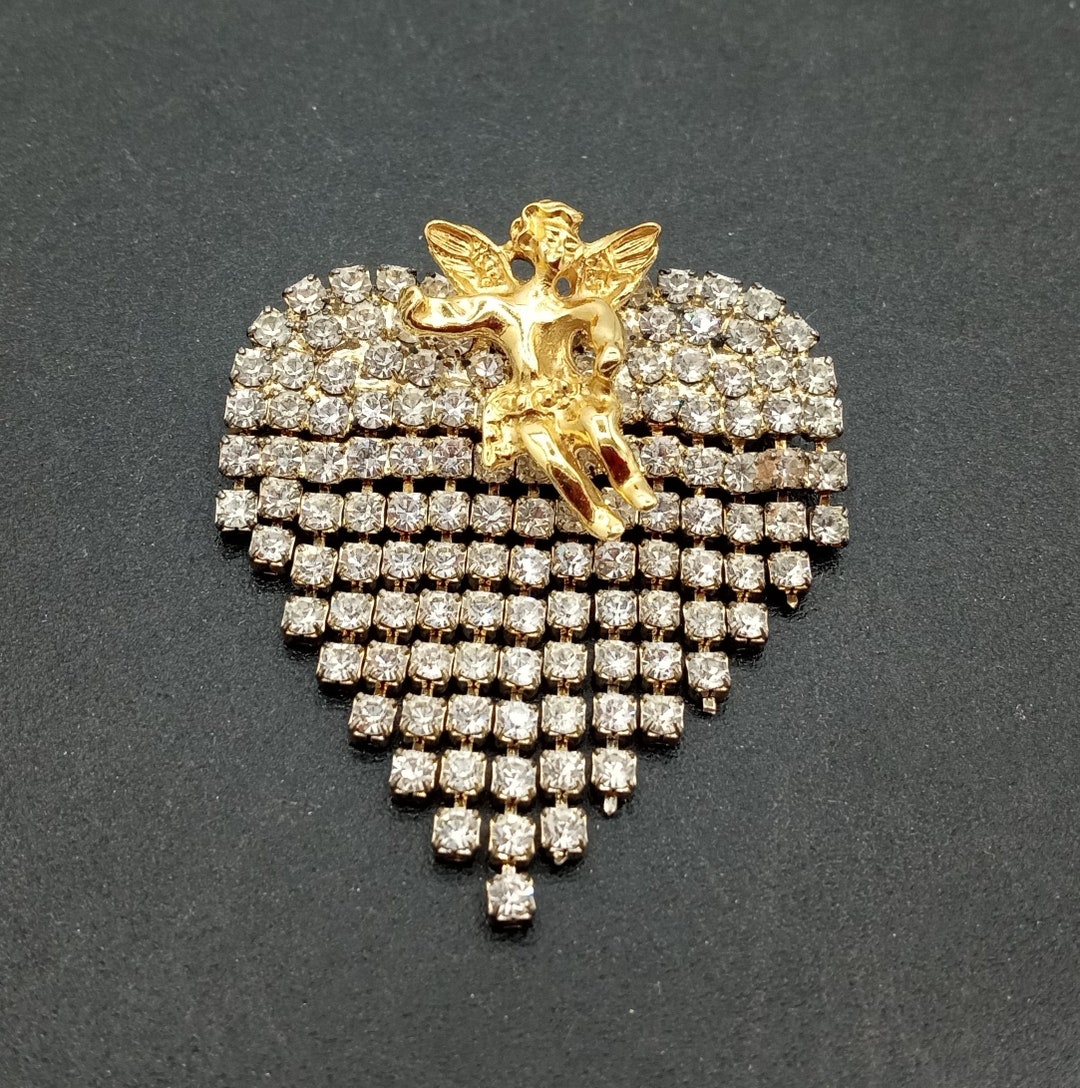 Vintage Heart Cherub Angel Rhinestone Brooch Pin - Etsy