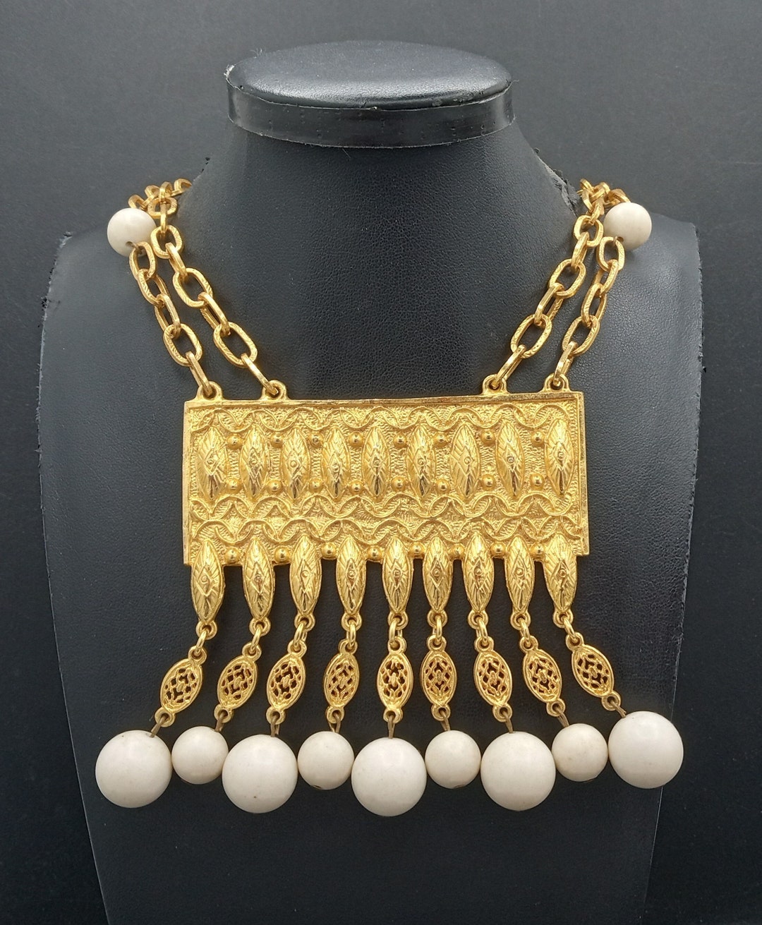 Vintage Matte Gold Statement Tassel Beaded Pendant Necklace, 1970's ...