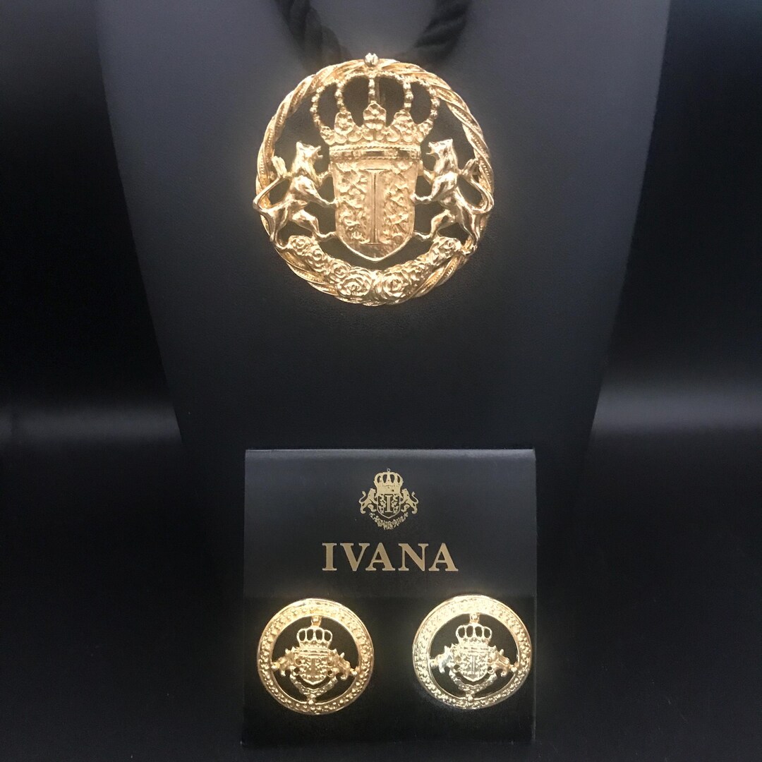 Ivana Vintage Designer Signed Crown Pendant Brooch Pin Necklace & Clip ...