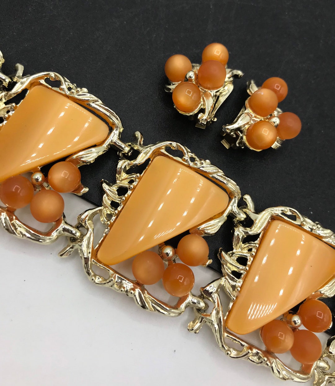PAM Designer Signed Jewelry Set, Vintage Orange Lucite Bracelet Earring ...