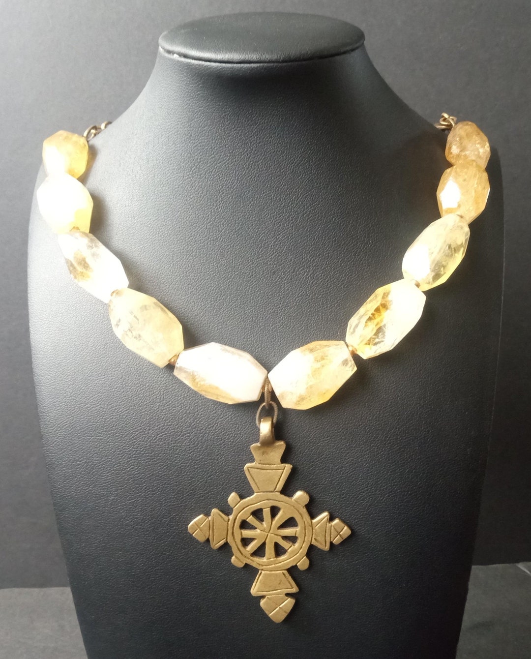 Julio Vintage Signed Real Stone Long Cross Pendant Necklace, Designer ...