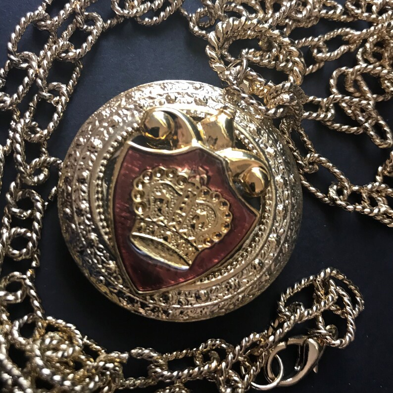 Vintage Necklace Goldtone Metal Chunky Long Chain Crown Shield - Etsy