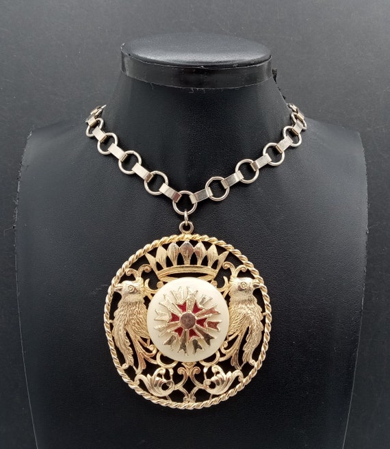 Vintage Heraldic Crown Bird Coat Of Arms Pendant Neck… - Gem
