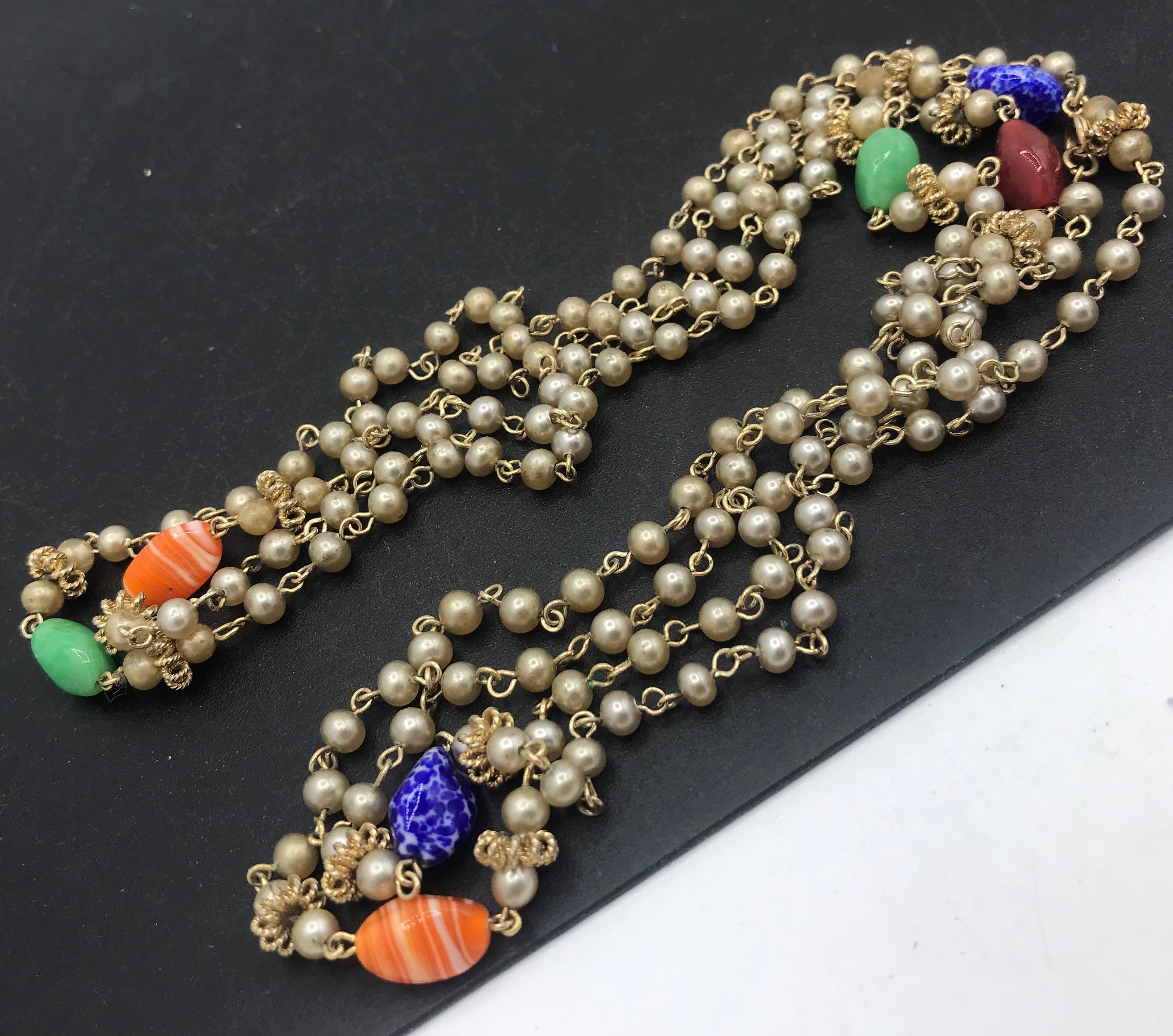 Art Deco Flapper Necklace, Colorful Glass & Faux Pearl, 62 Inch Vintage ...