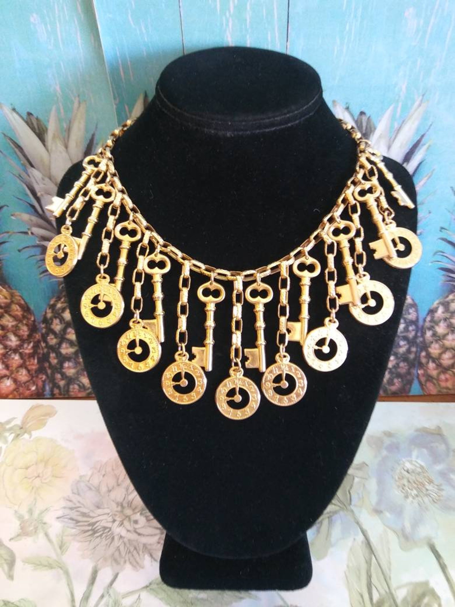 Stylish Vintage Key Clock Charm Bib Statement Pendant Fringe - Etsy