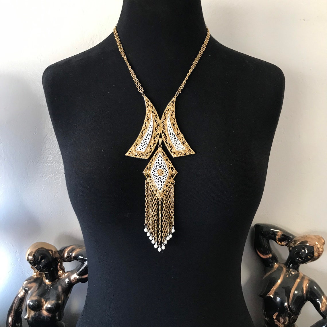 Very Pretty Necklace Gold Tone White Enamel Large Pendant - Etsy