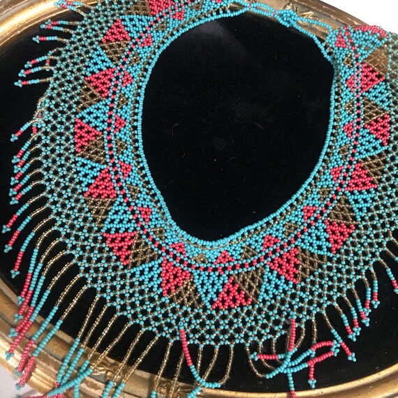 Native American hand beaded aqua maroon gold beaded n… - Gem